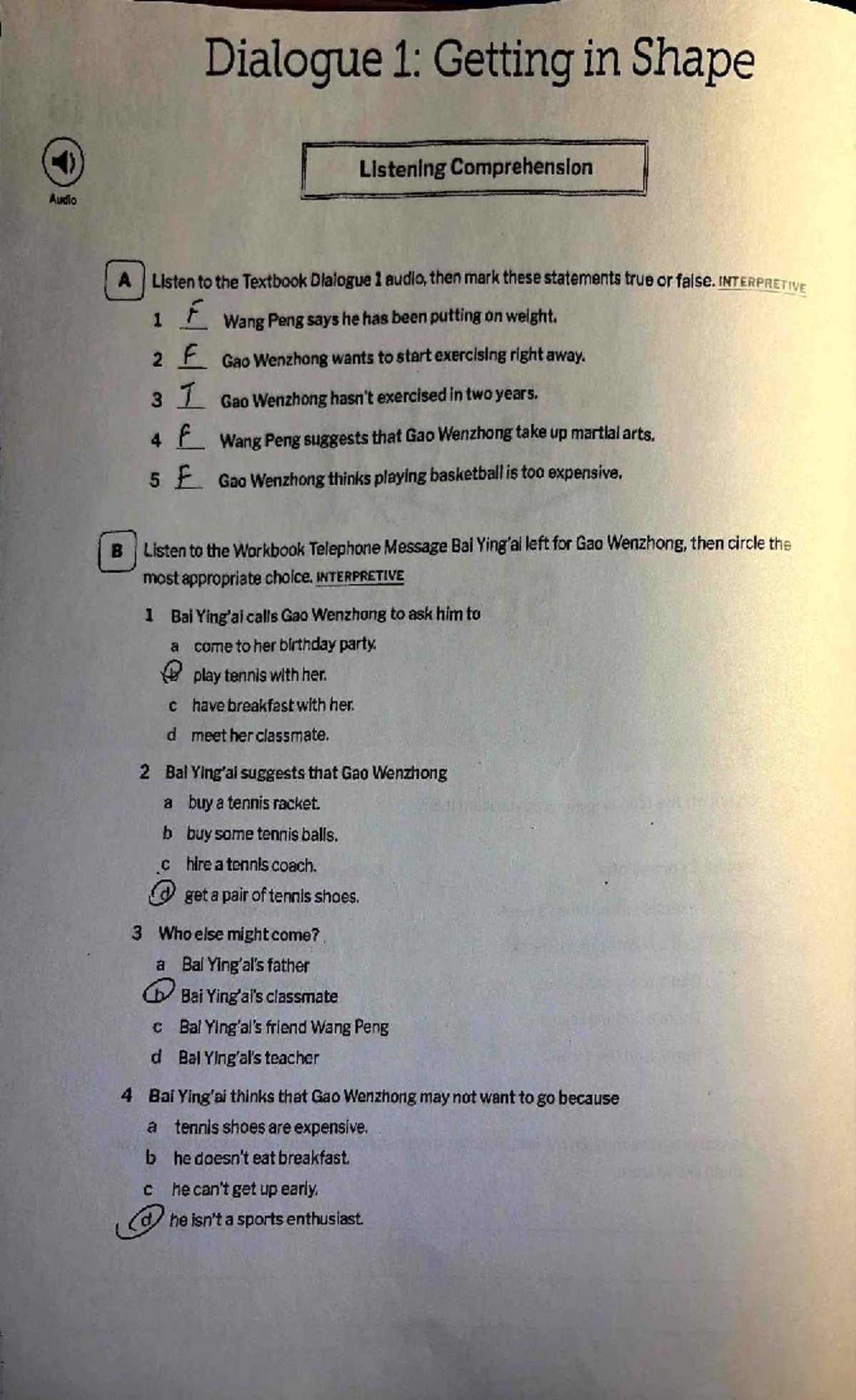 L18D1 - Homework Answers for Textbook Dialogue 1 Listening - Studocu