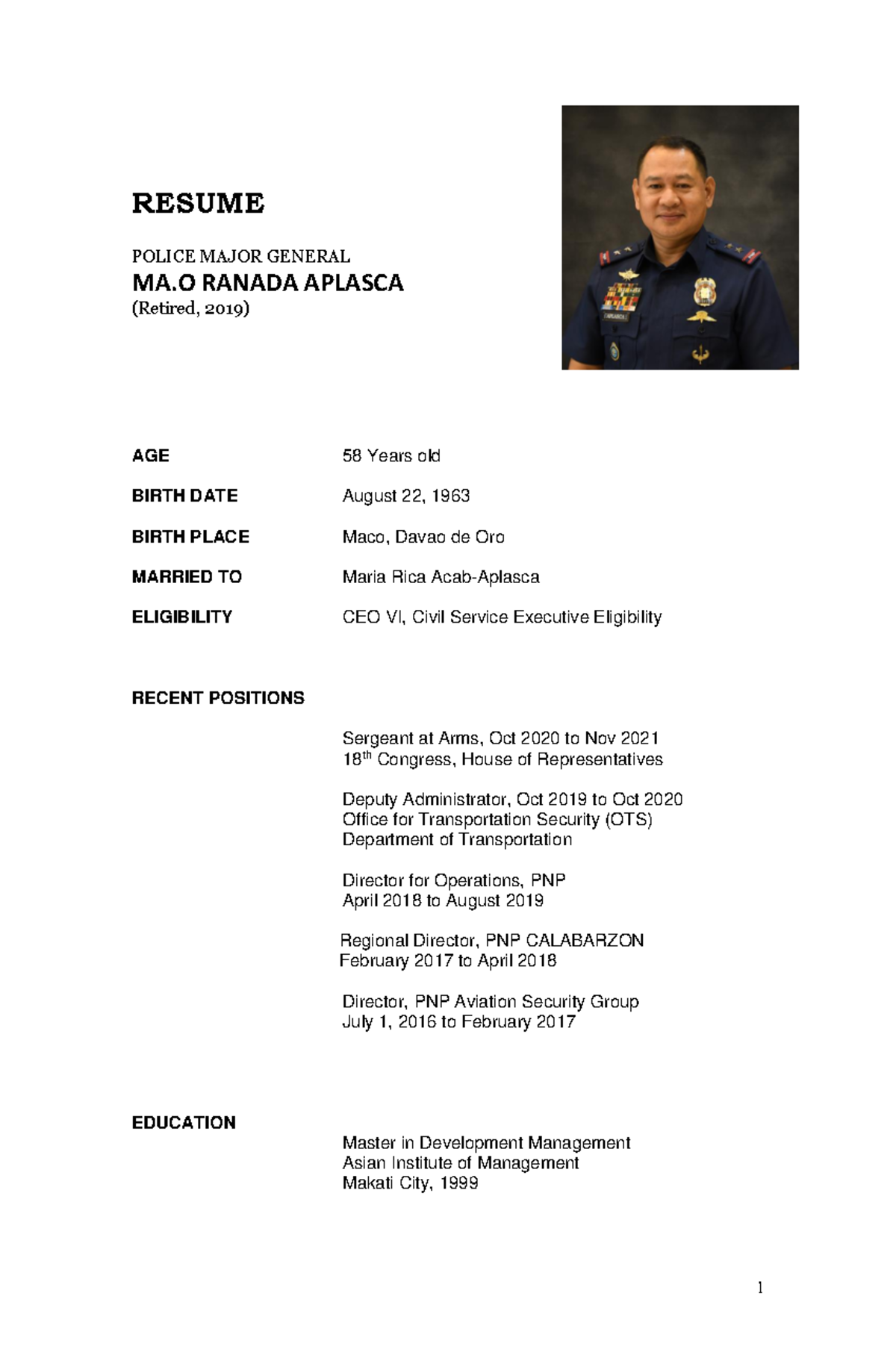 MRA Resume 2022 - Major General O. Ranada Aplasca - Criminology - Studocu