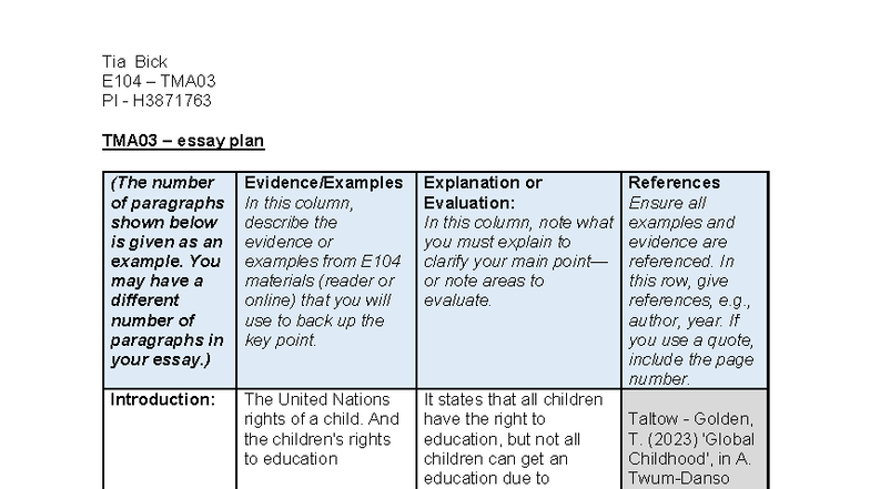 E104 TMA03 Essay Plan: Rights of the Child & Education Challenges - Studocu