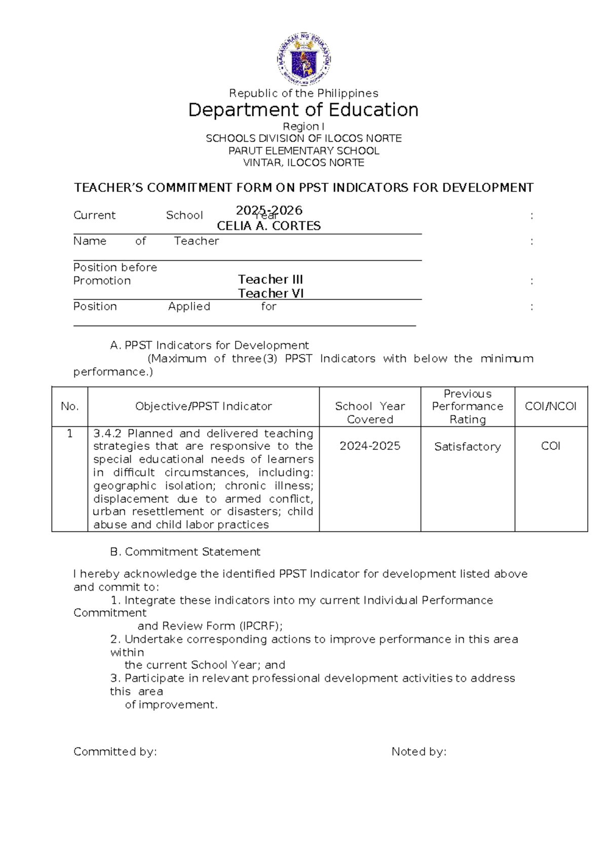 Commitment Form on PPST Indicators for Development - SY 2023-2024 - Studocu