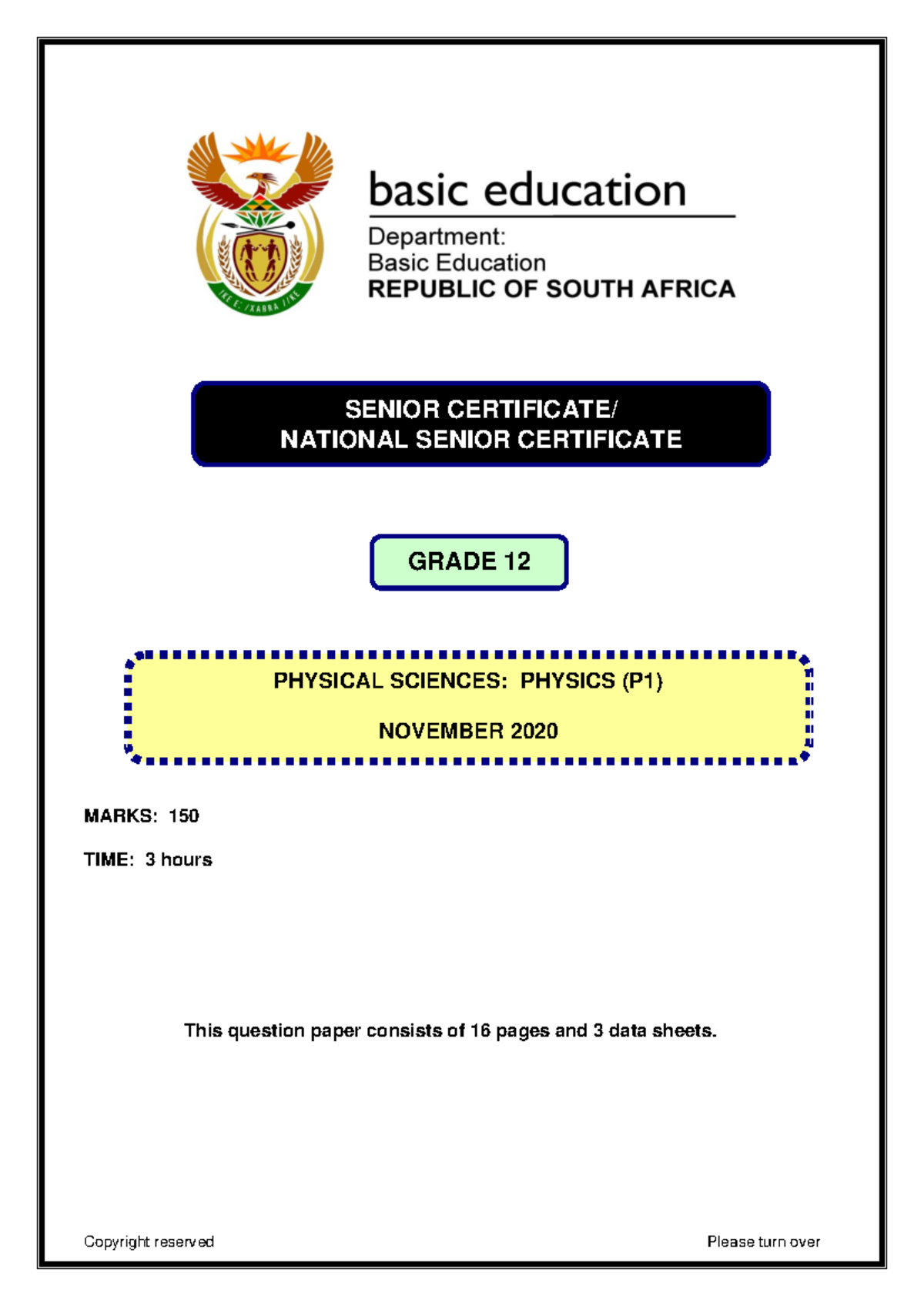 Physical Sciences P1 Grade 12 November 2020 Exam Paper - Studocu