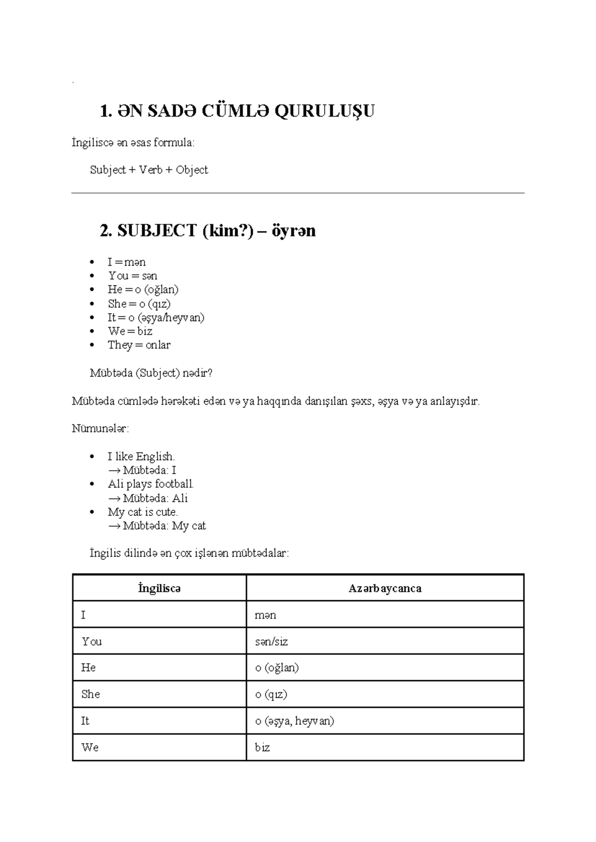 Ən Sadə Cümlə Quruluşu: Subject-Verb-Object (İngilis Dili) - Studocu