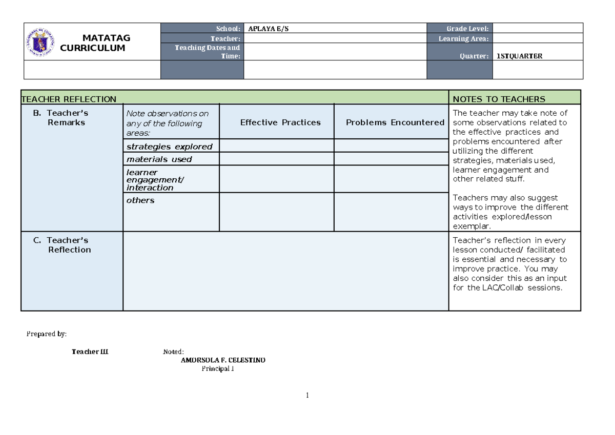 APLAYA E/S Teacher Reflection Notes for 1st Quarter MATATAG - Studocu