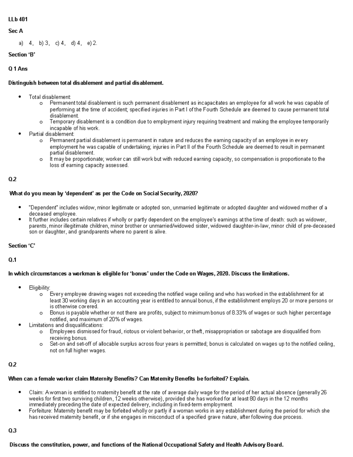 LLb 401 Sec A - Lectures on Total & Partial Disablement, Maternity ...
