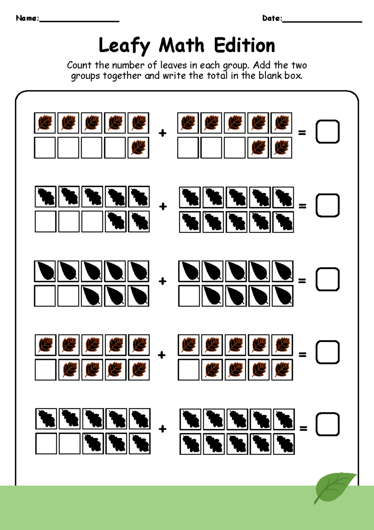 Leafy Math Edition - Kindergarten Worksheet - Date: Leafy Math Edition ...
