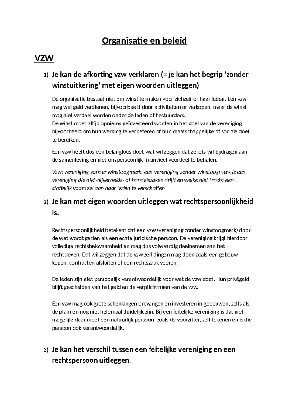 Organisatie en Beleid van VZW: Samenvatting en Uitleg - Studocu