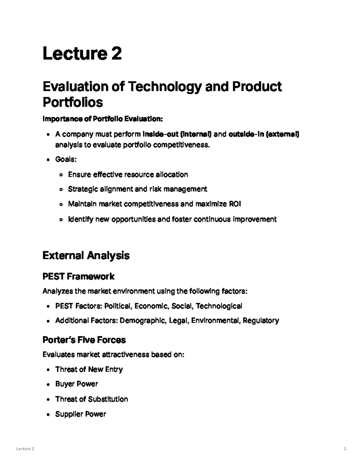 Summary of Lecture 2: Evaluating Technology & Product Portfolios - Studocu