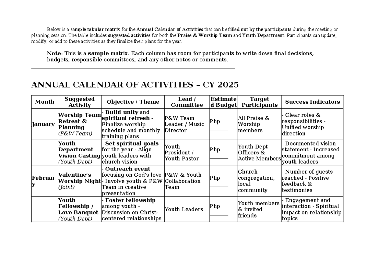 Annual Calendar of Activities Matrix Template for CY 2025 - Studocu