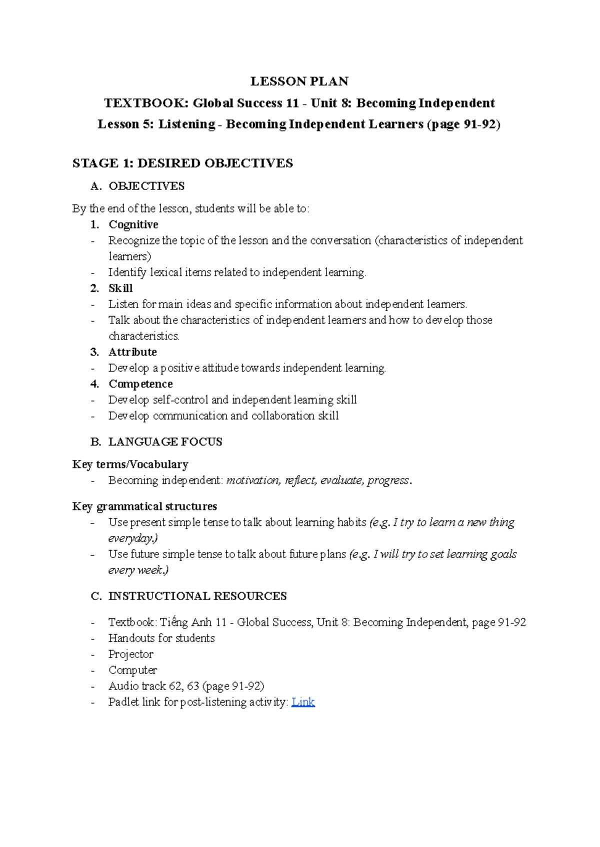 CNTT Lesson Plan: Global Success 11 Unit 8 - Becoming Independent - Studocu