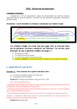 TD 1 numérique - TD numérique - Exercices sur les outils de recherche Consignes Générales ...