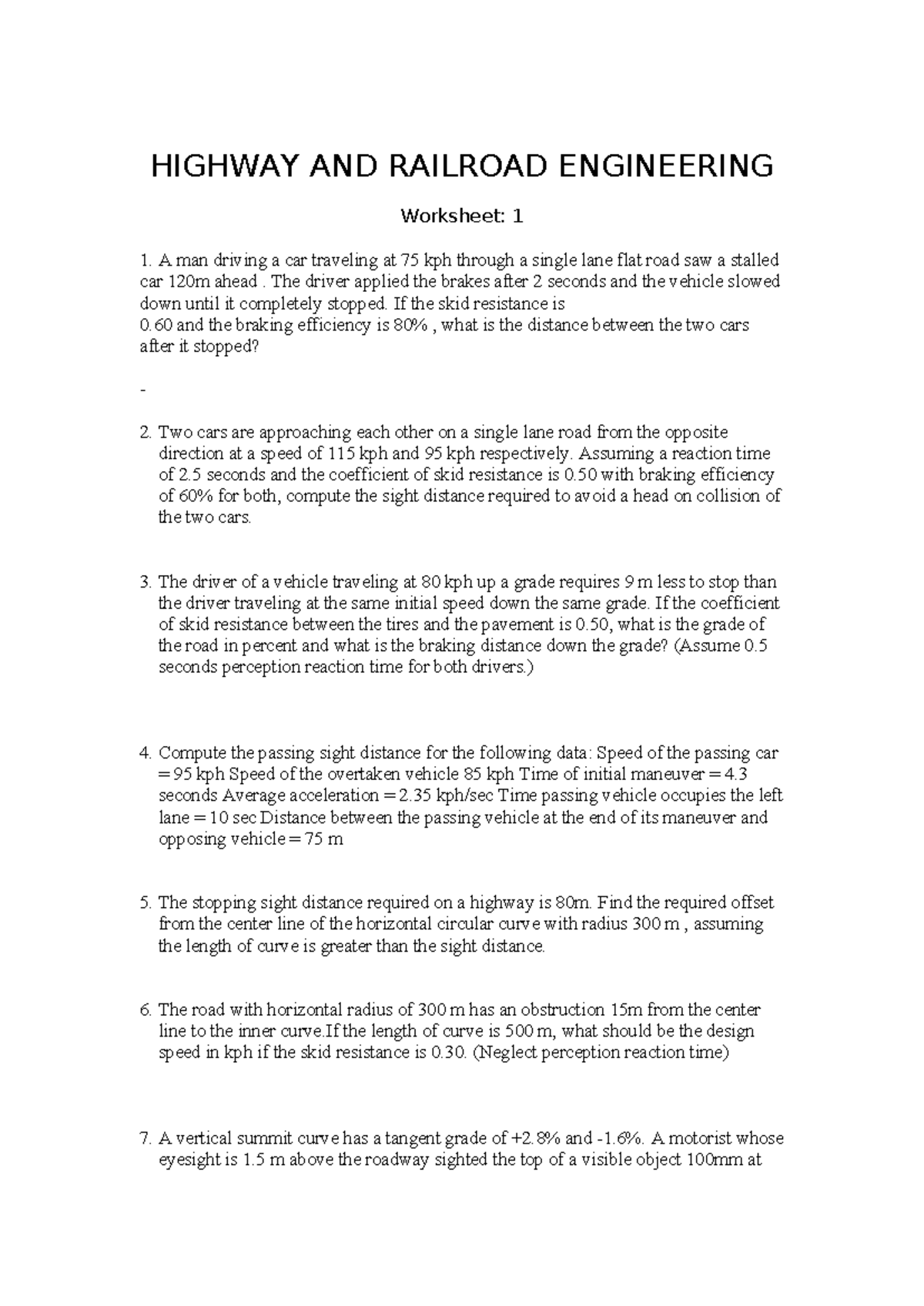 Highway AND Railroad Engineering: Key Worksheet Problems and Solutions ...