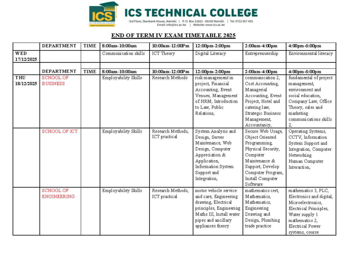 TERM IV END OF TERM EXAM TIMETABLE 2025 - SCHOOL OF ICT & ENGINEERING ...