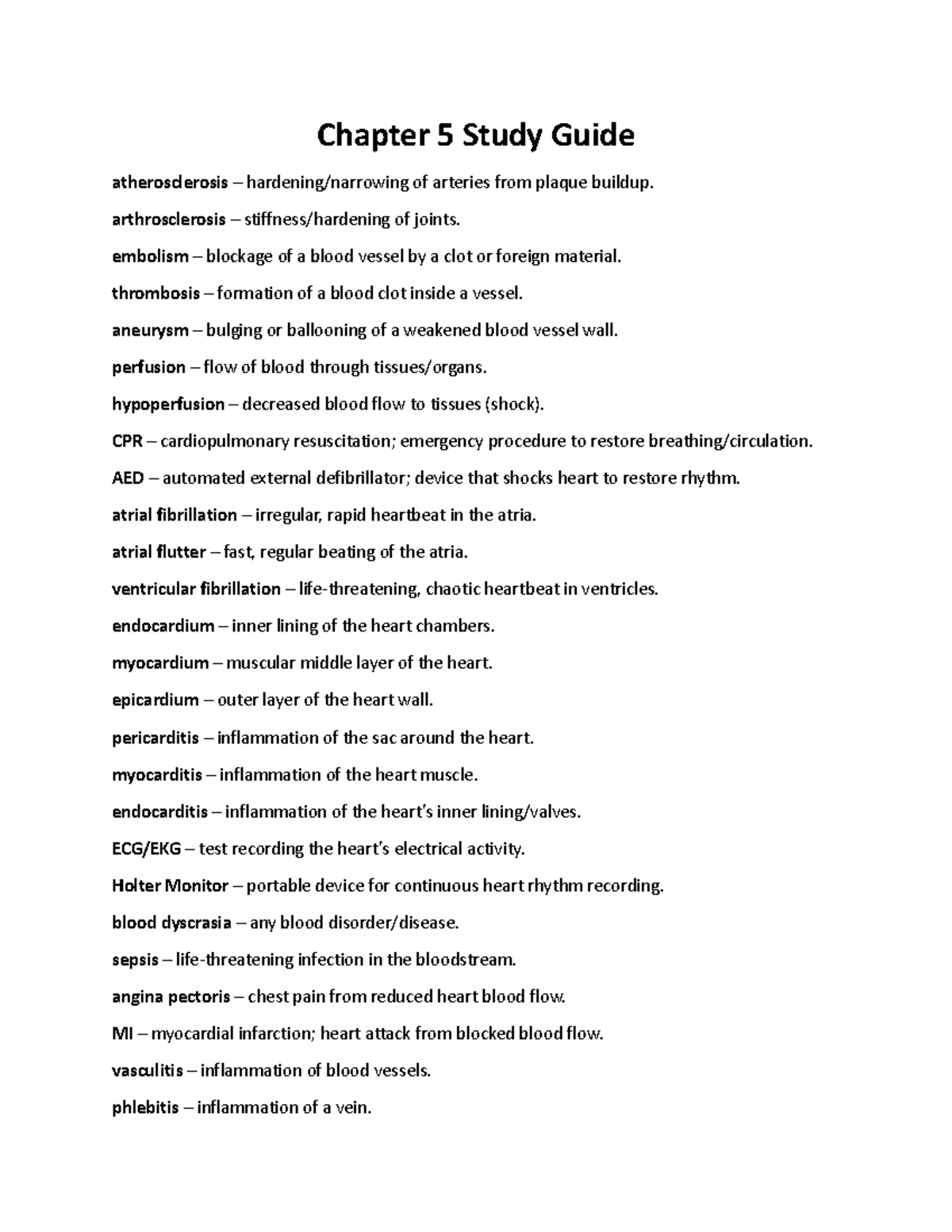Medical Terminology CH5 Study Guide: Cardiovascular Conditions - Studocu