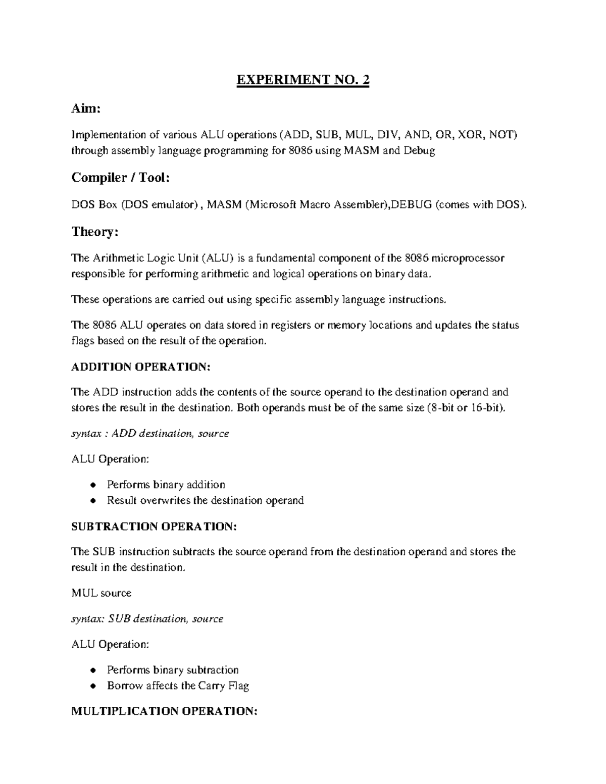 Experiment No. 2: ALU Operations Implementation in 8086 Assembly - Studocu