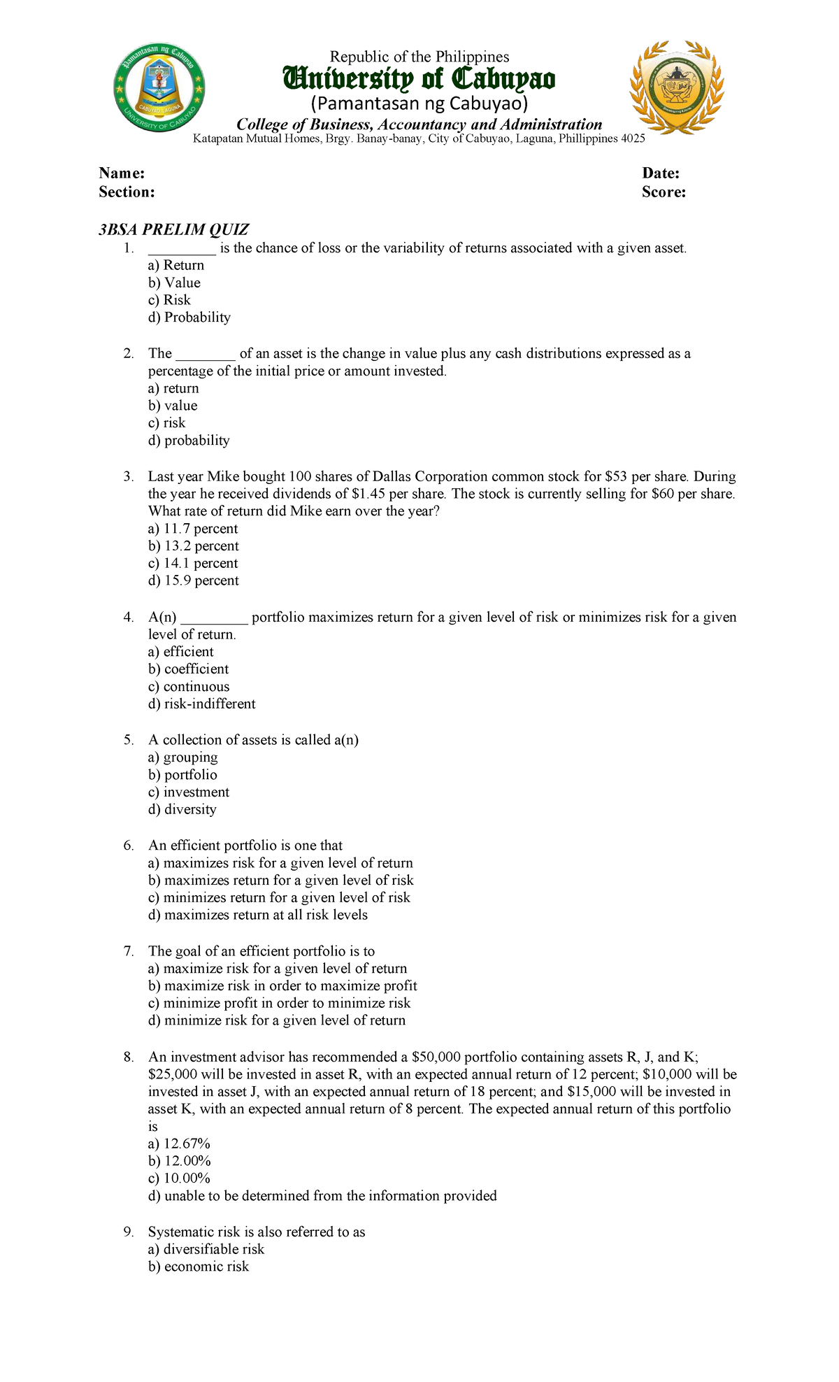 3BSA Prelim Quiz: Understanding Risk and Return in Investments - Studocu