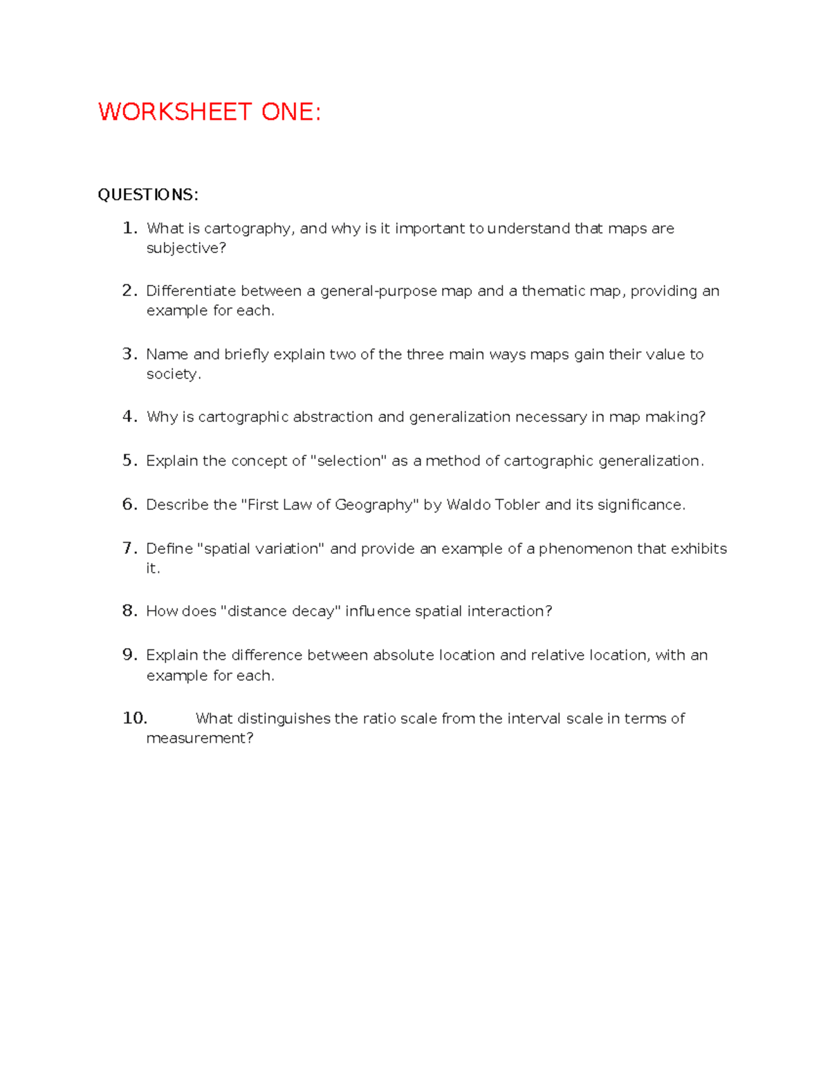 Cartography Study Notes: Worksheet 1 Questions & Concepts - Studocu