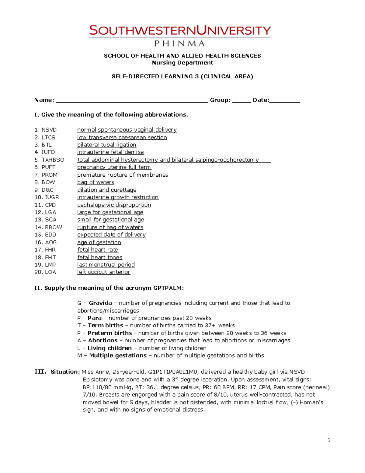 SDL3 - maternity nursing abbreviations, FDAR notes, and GTPAL - SCHOOL ...