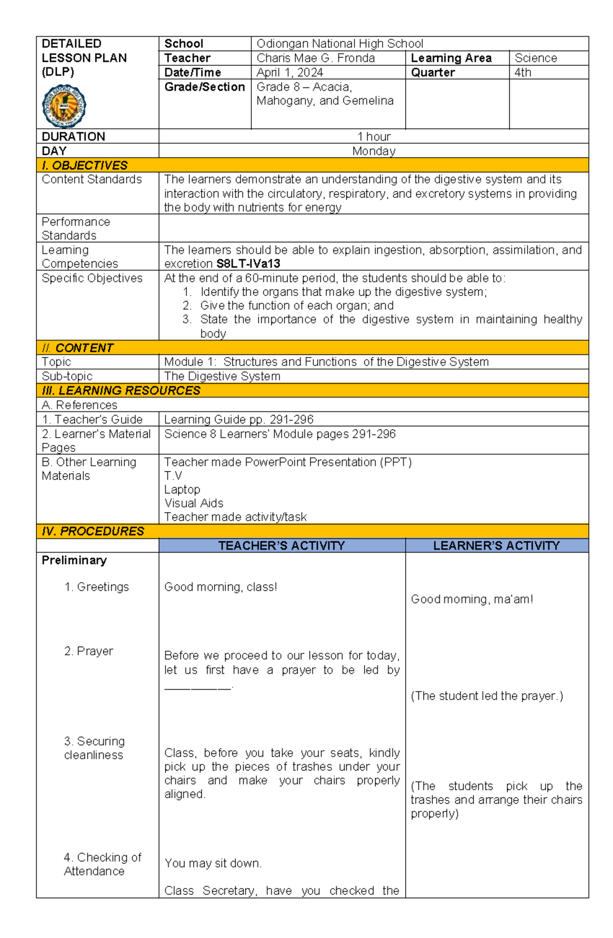 Detailed Lesson Plan: Digestive System - Grade 8 (DLP) - Studocu