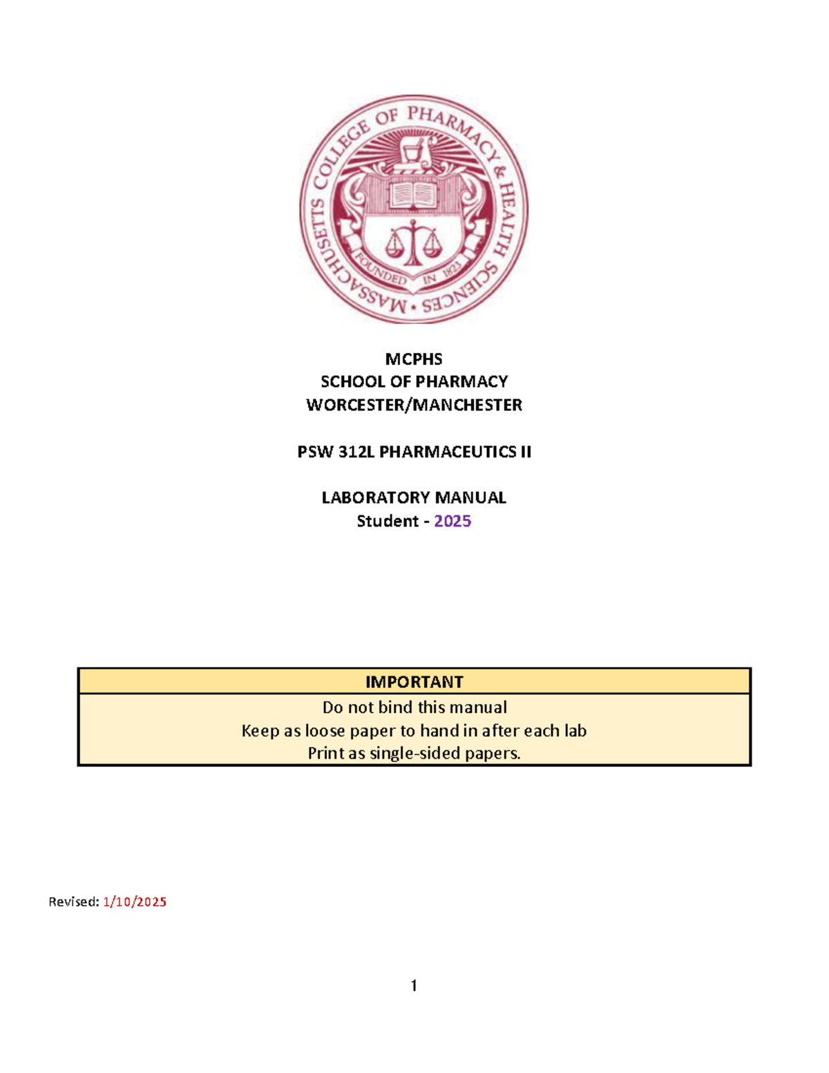 PSW 312L Pharmaceutics II Lab Manual - Spring 2025 - Studocu