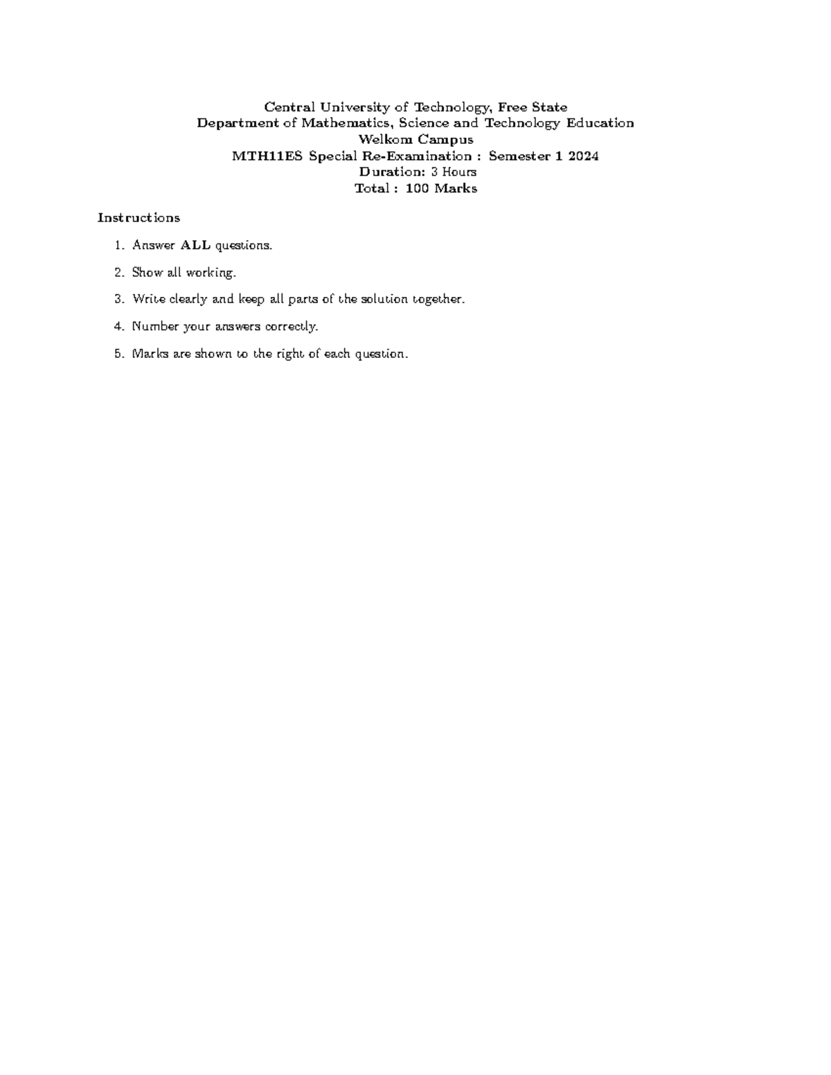 MTH11ES Special: Semester 1 2024 Math Exam Paper (3 Hours, 100 Marks ...