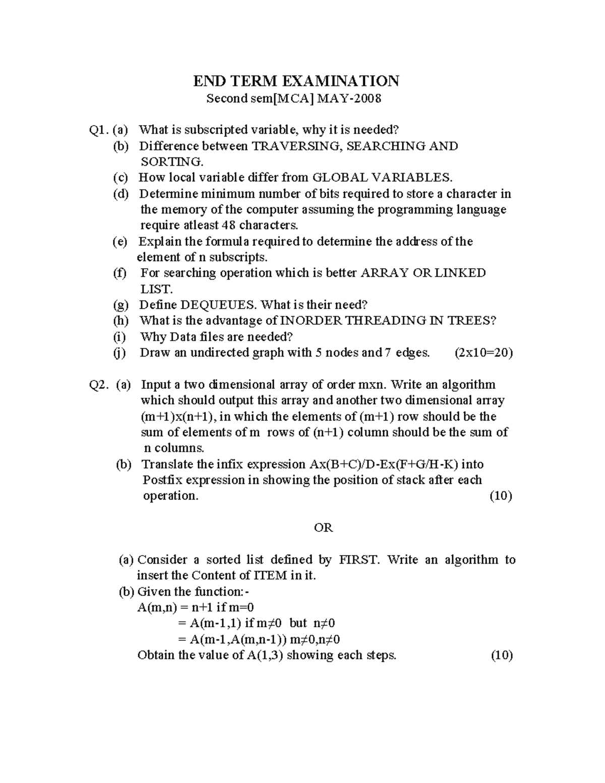 MCA2 DS 2008 - End Term Exam Questions on Data & File Structures - Studocu