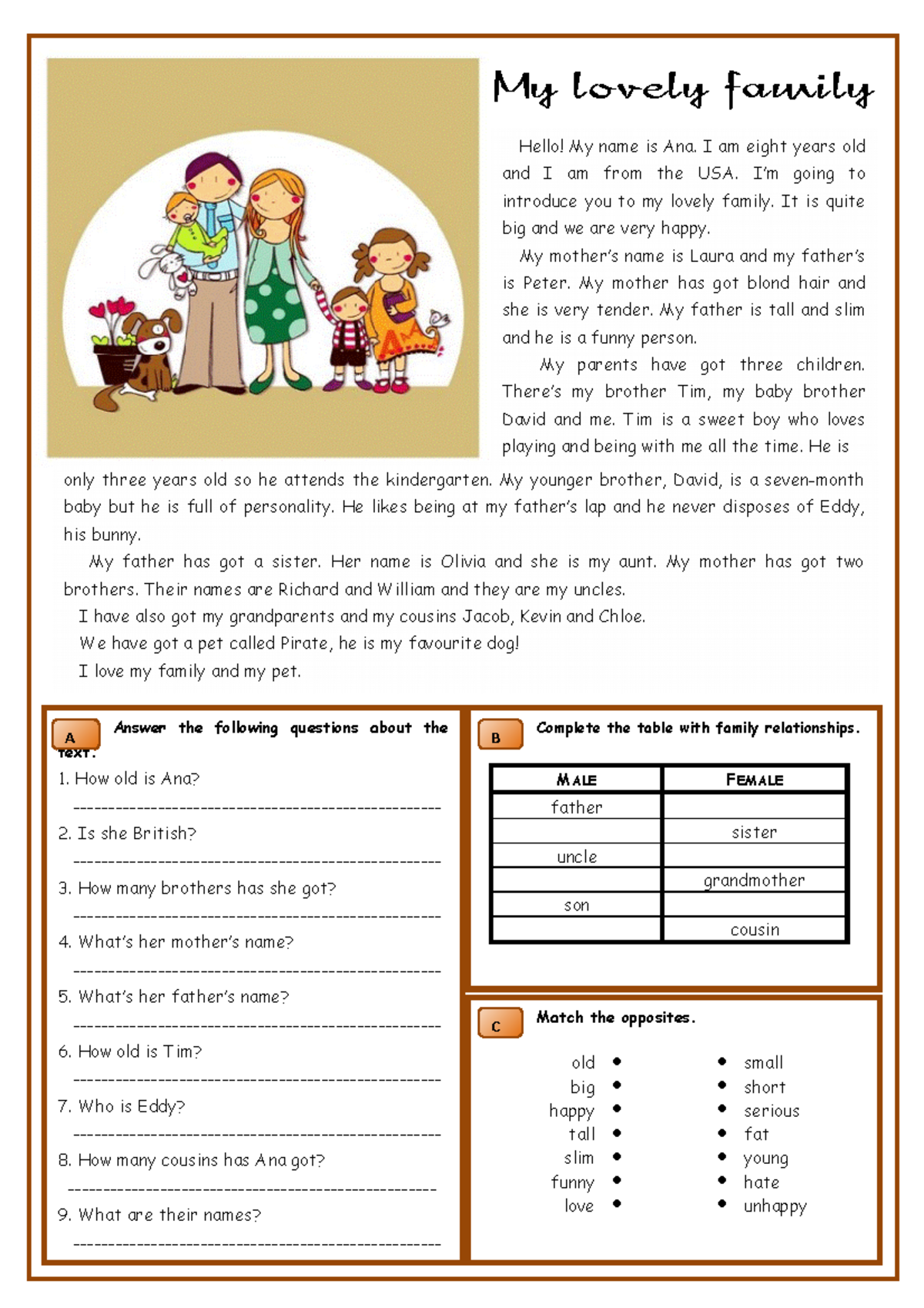 Family Reading Comprehension Exercises 10557: Ana's Family Story - Studocu