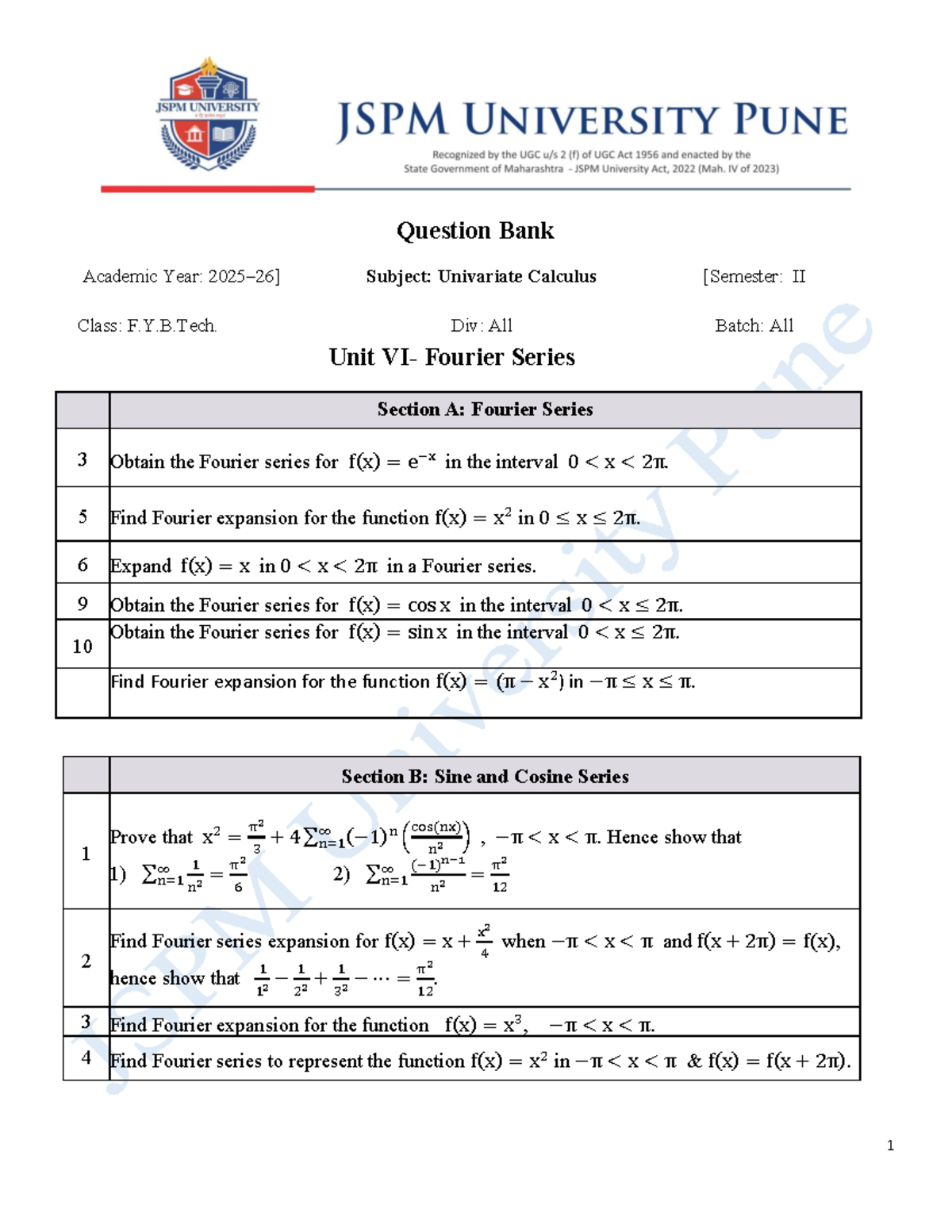 QB F.Y.B.Tech. Univariate Calculus II: Question Bank on Fourier Series ...