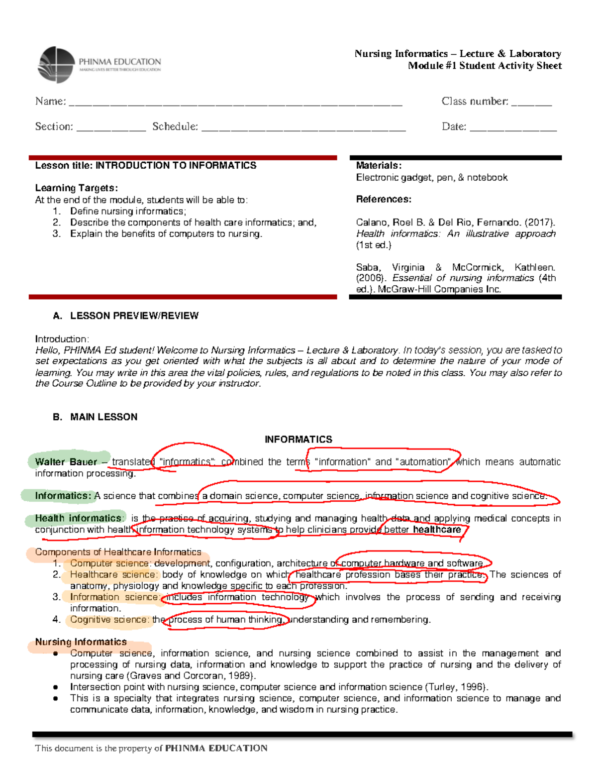 NUR 101 - Introduction to Nursing Informatics: Module #1 Activity Sheet ...
