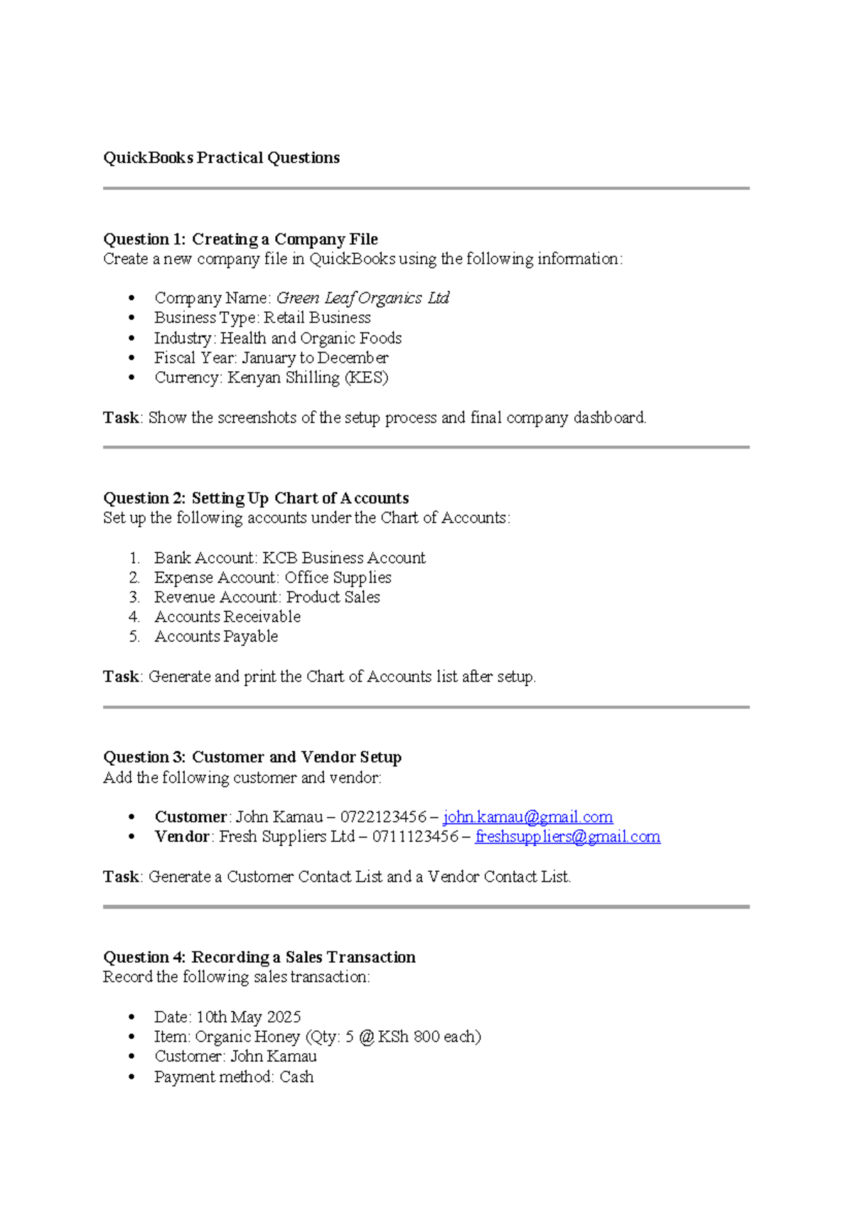 QuickBooks Practical Questions: Company Setup & Transactions Guide ...
