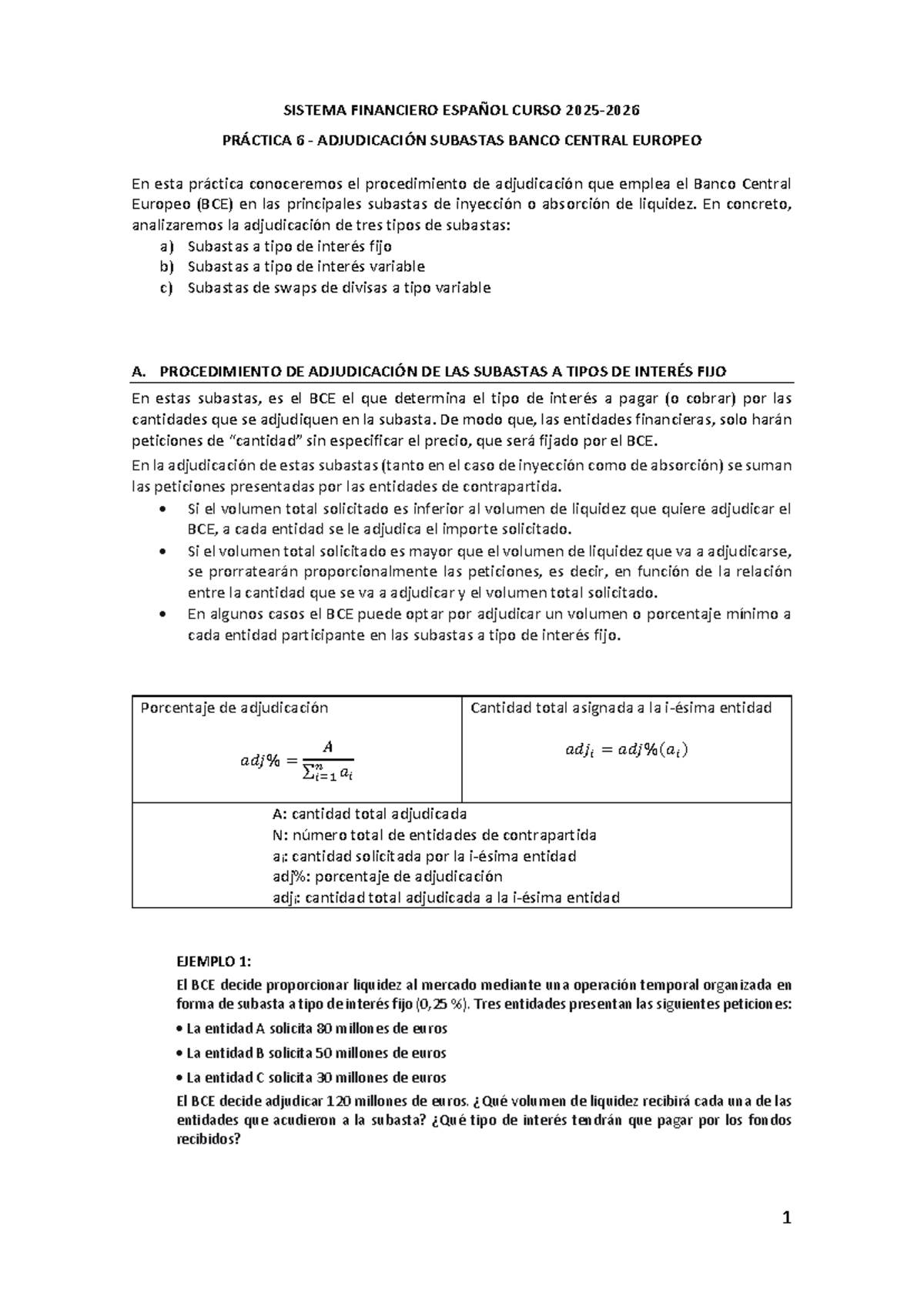 Práctica 6: Adjudicación de Subastas del BCE 2025-2026 - Studocu