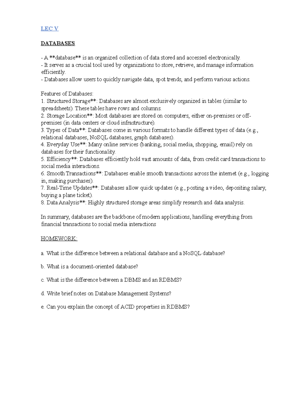 Cosc 105 Lec V And Vi Database Lec V Databases A Database Is An Organized Collection Of Data