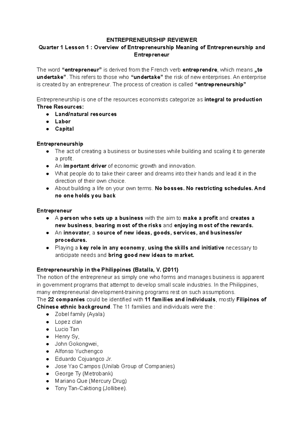 ENTREPRENEURSHIP 101: Key Lessons and Concepts for SHS Students - Studocu