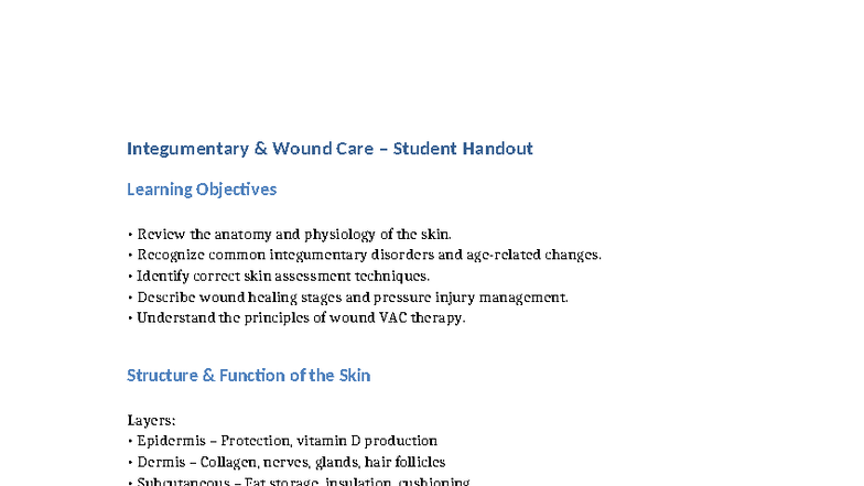 Integumentary & Wound Care Student Handout: Key Learning Objectives ...