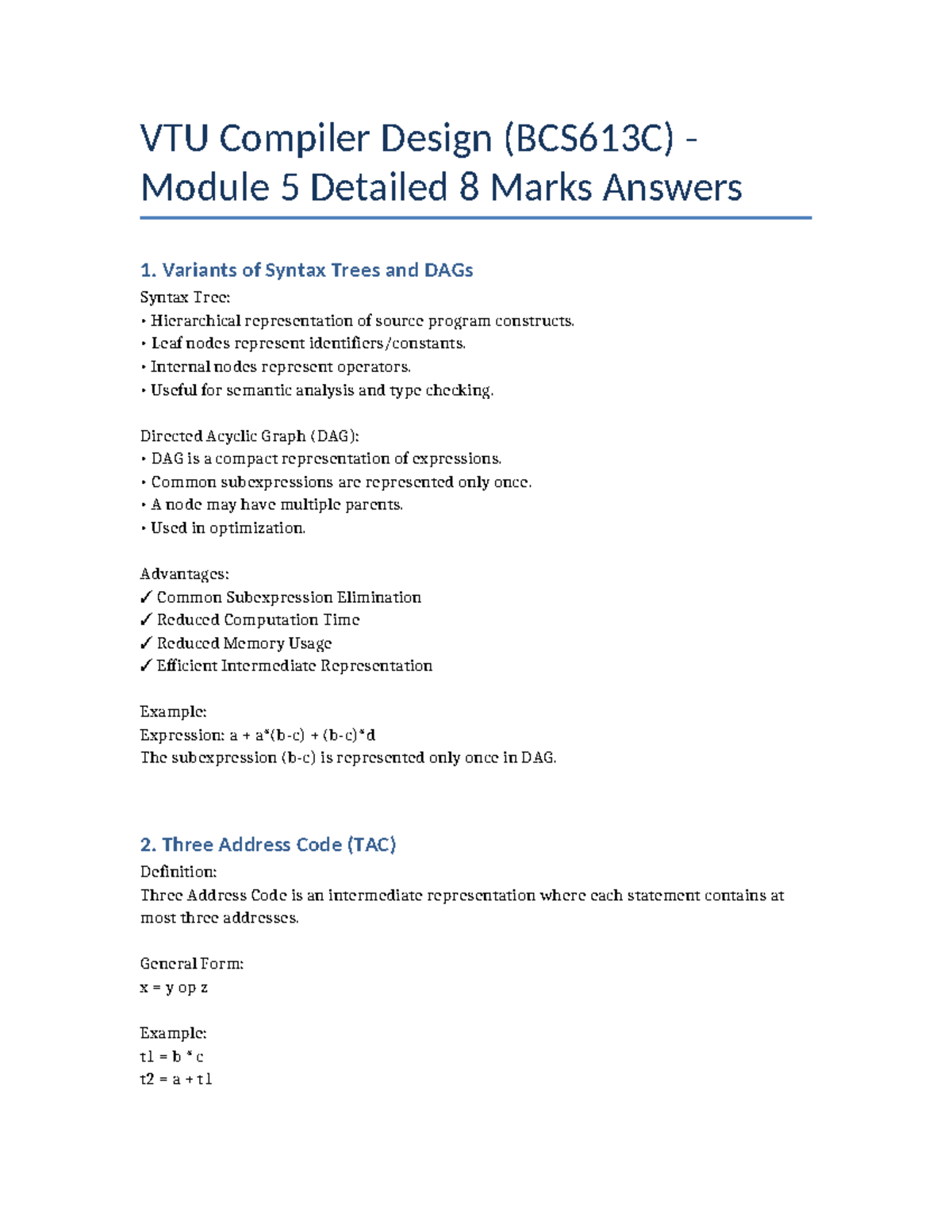 VTU Compiler Design (BCS613C) Module 5 8 Marks Answer Key - Studocu