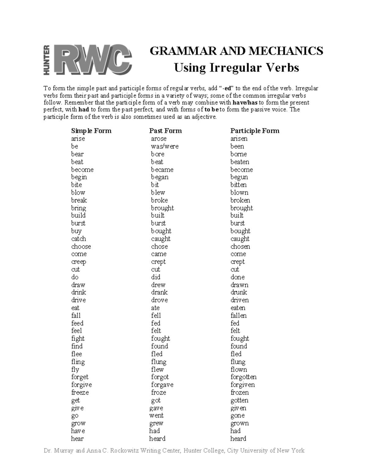 Using Irregular Verbs - Dr. Murray and Anna C. Rockowitz Writing Center ...