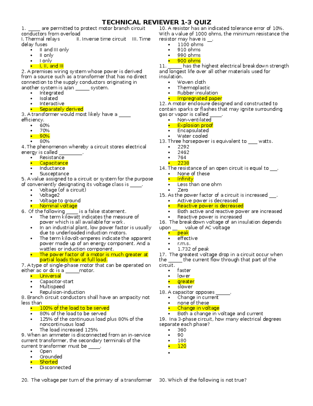 Technical Reviewer Quiz Set 1-3 for Electrical Engineering - Studocu