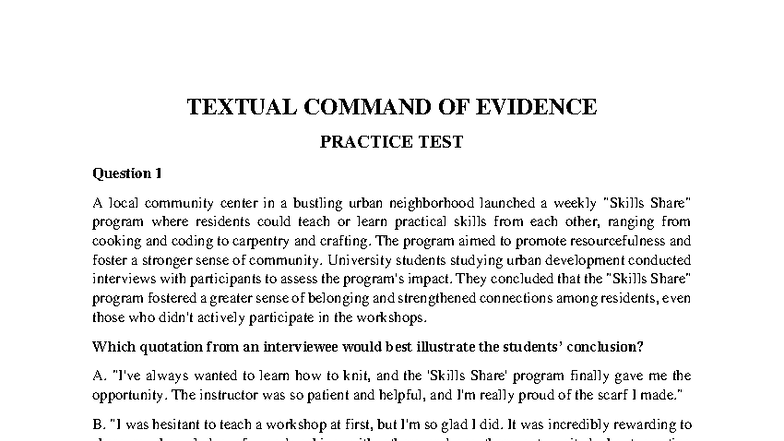 [BUỔI 3] Textual Command of Evidence Practice Test - Studocu
