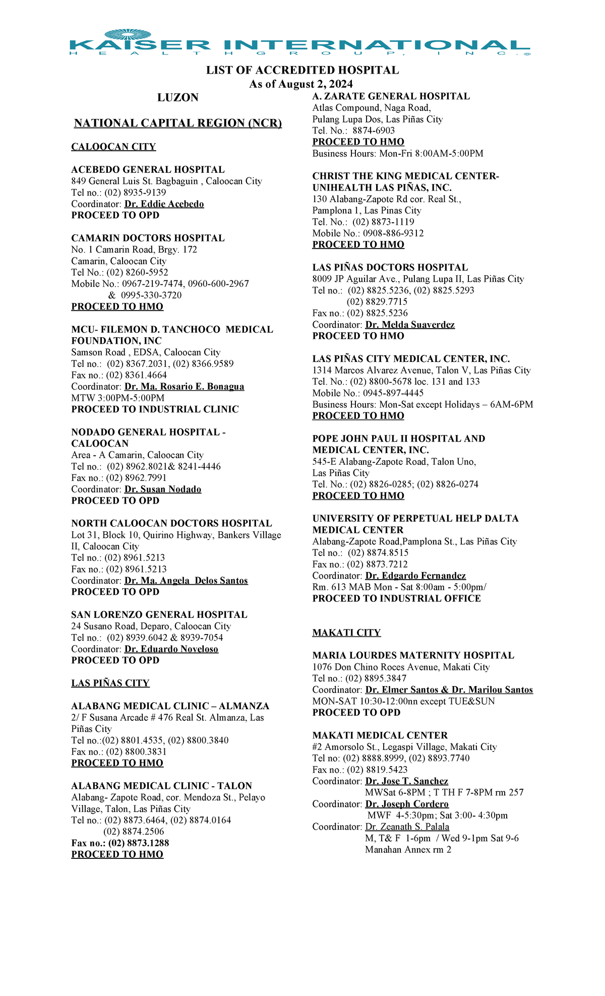 Kaiser Accredited Hospitals Directory Update - August 2024 - Studocu