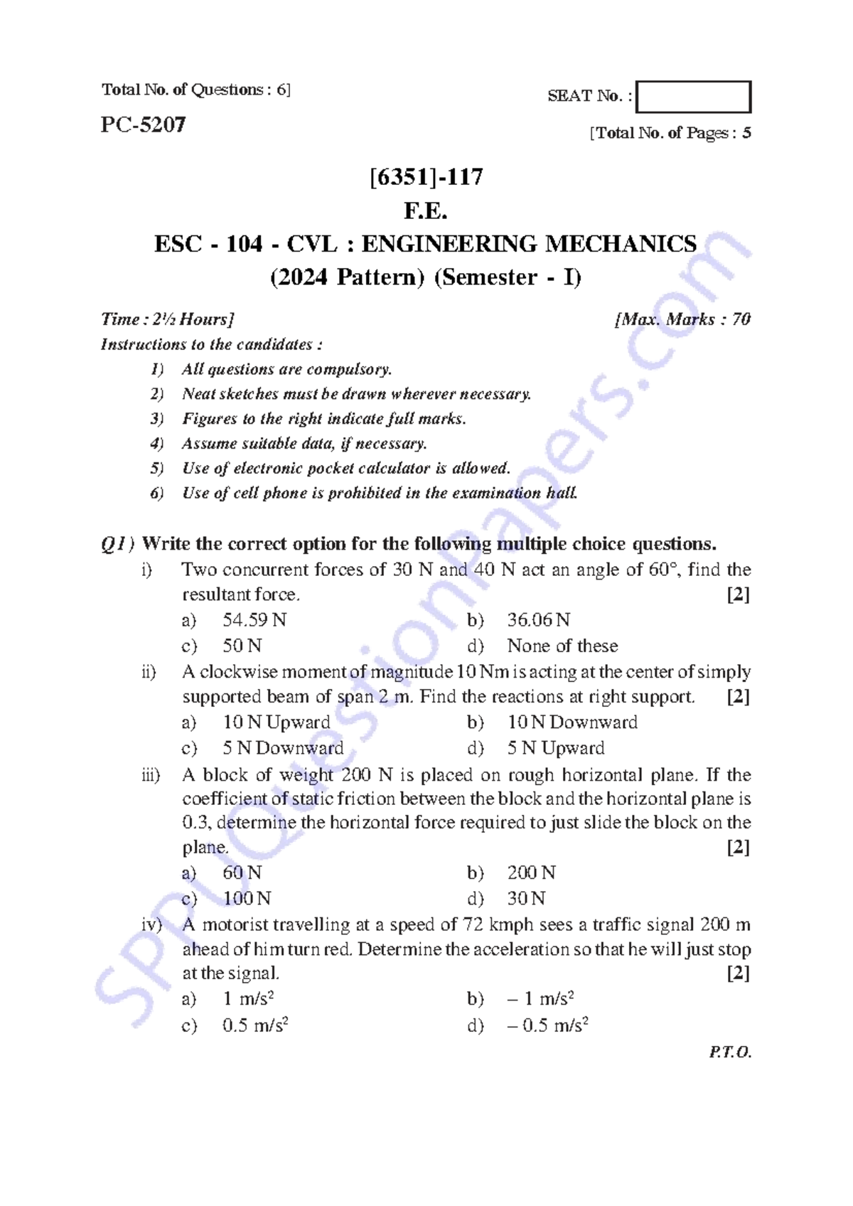 F.E. ESC 104 CVL: Engineering Mechanics Exam Paper (2024 Pattern) - Studocu