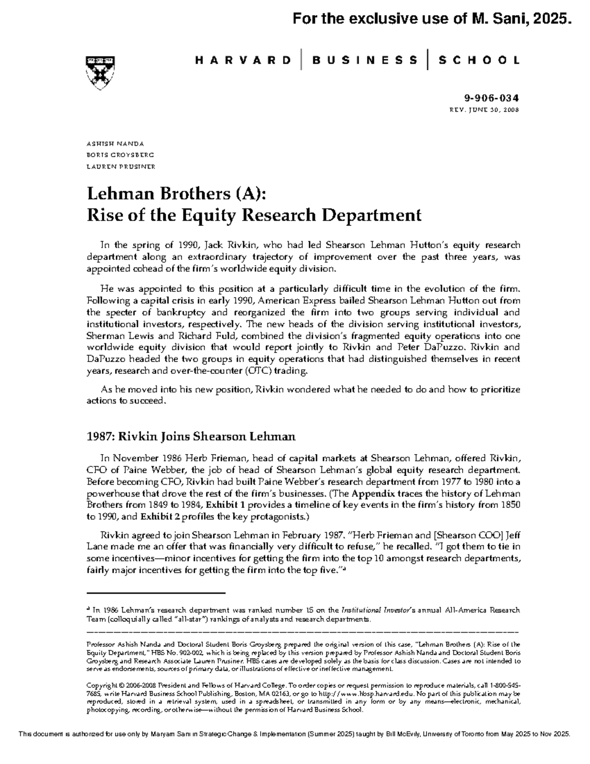 Lehman Brothers (A): Transforming the Equity Research Department - Studocu