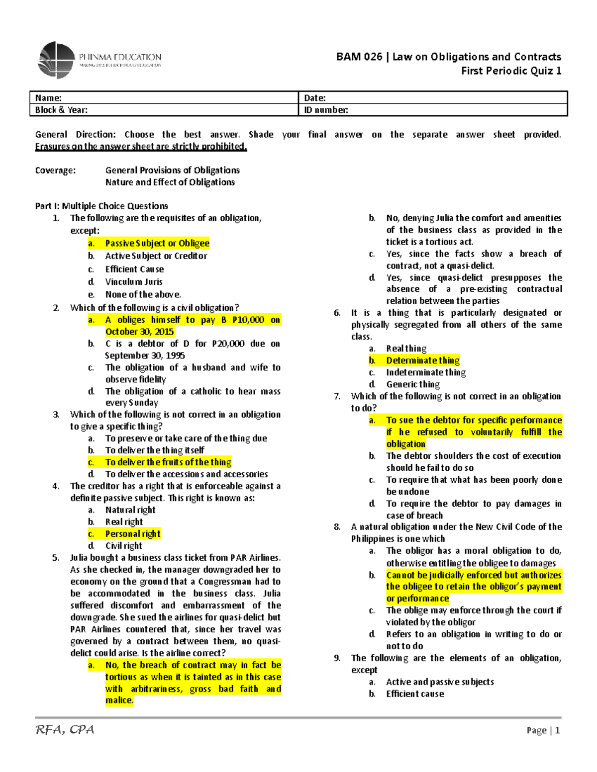 BAM 026 P1-Periodic Quiz 1 with Answer Key on Obligations - Studocu