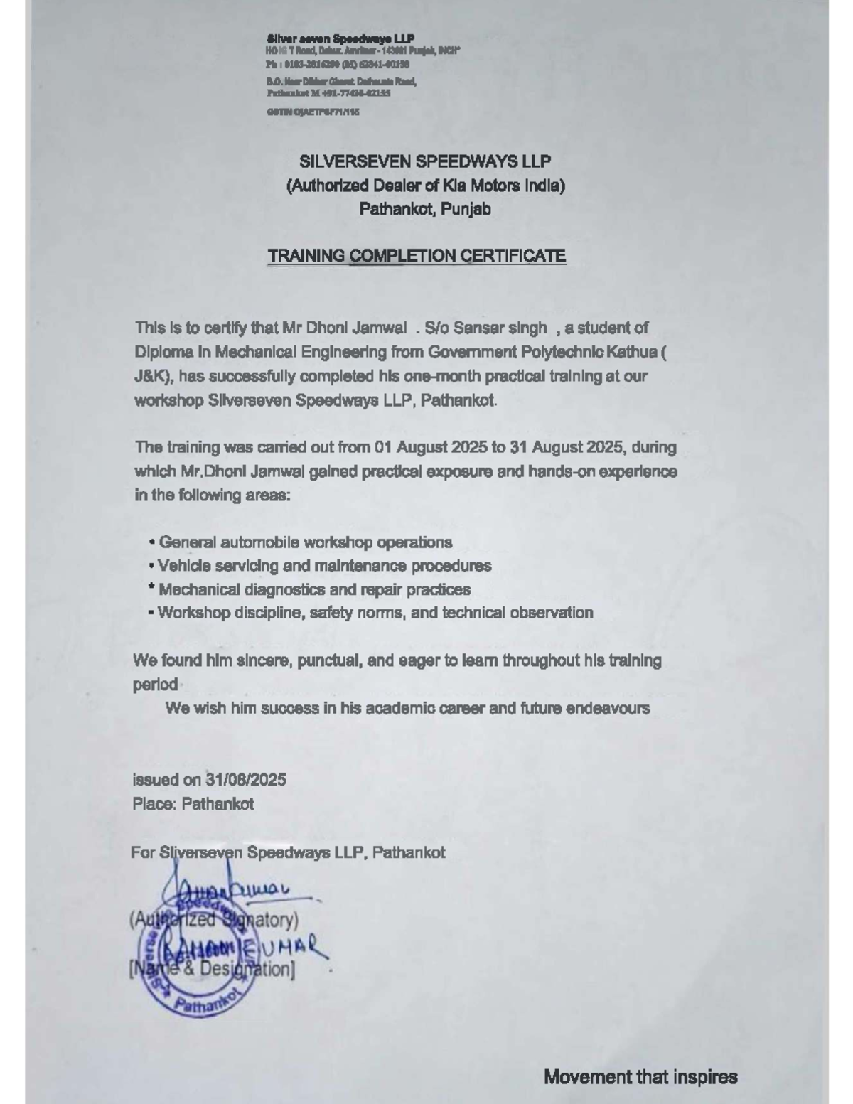 Training Completion Certificate for Diploma in Mechanical Engg (2025 ...