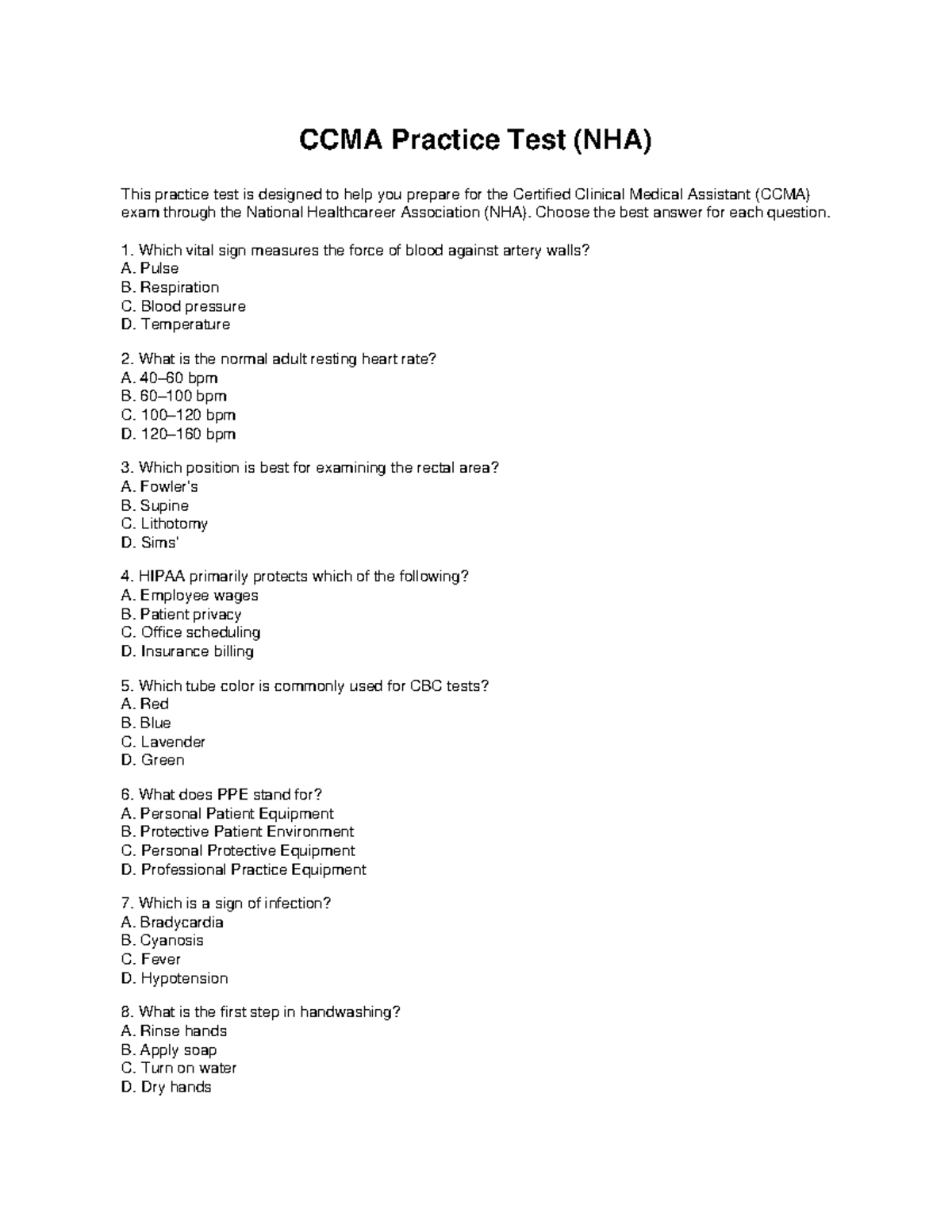 CCMA Practice Test - NHA Study Guide for Exam Prep - Studocu