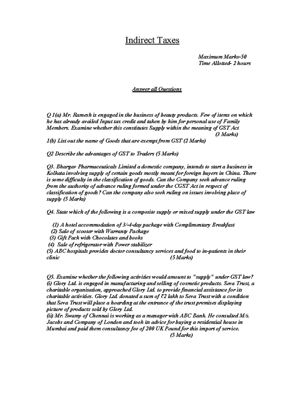 Indirect Taxes GST Final Exam Question Paper - Studocu