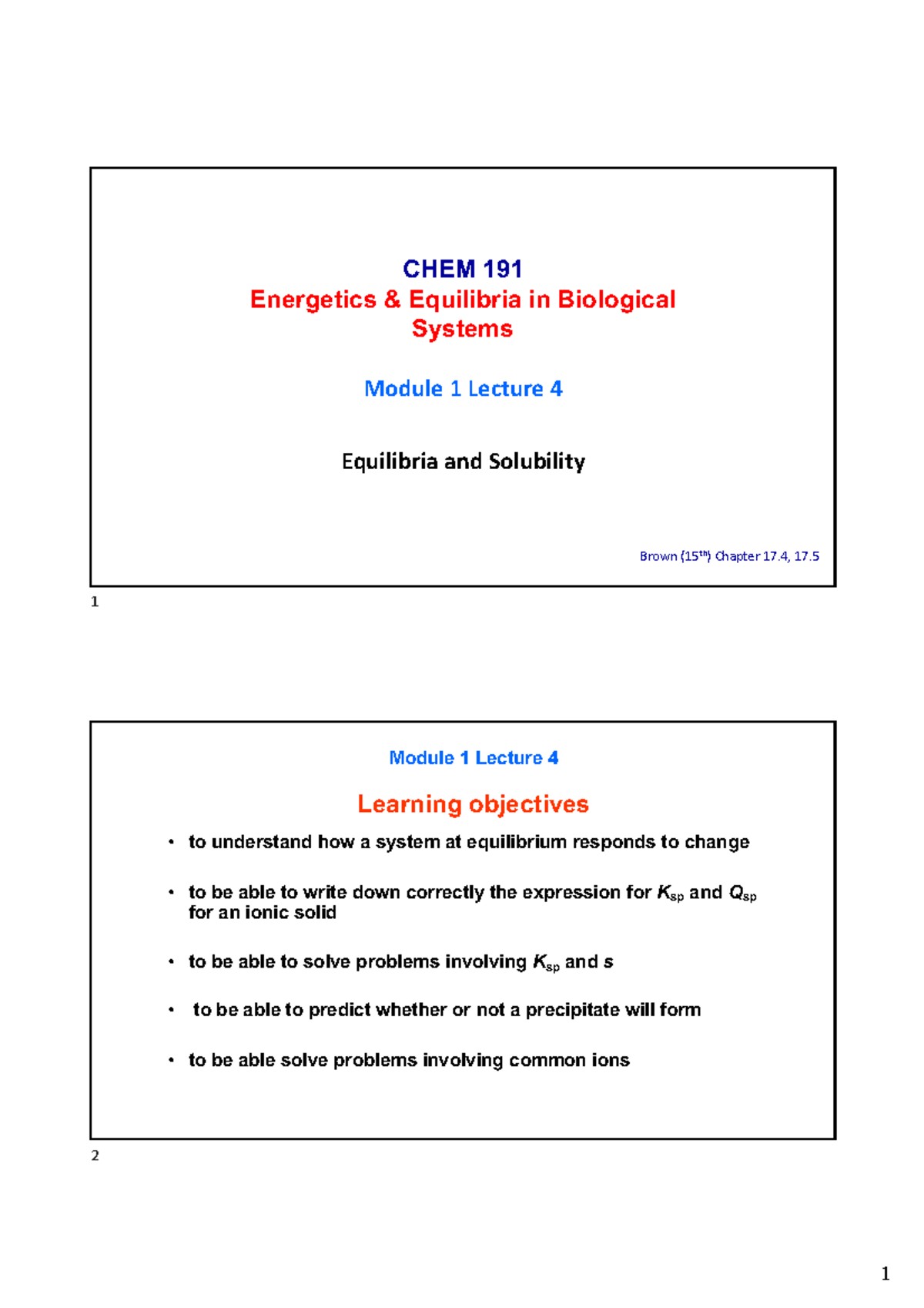 CHEM 191 Module 1 Lecture 4: Equilibria & Solubility Concepts Overview ...