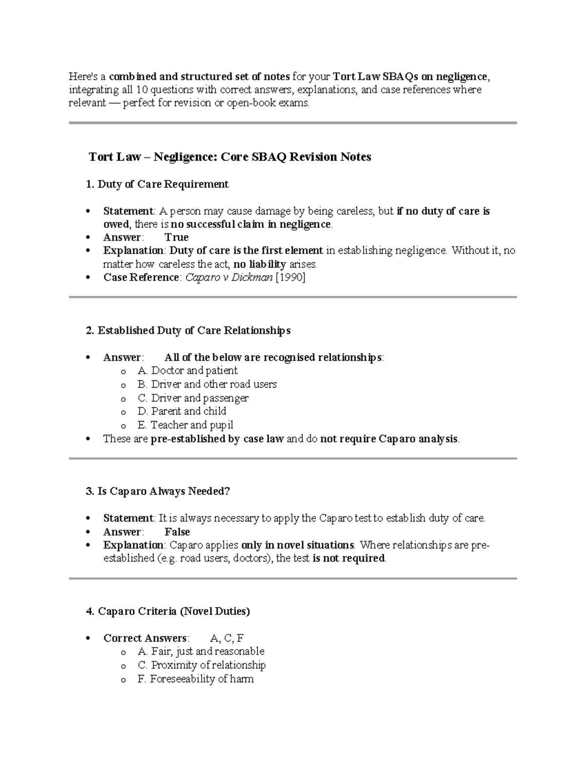 Tort Law (LAW101): Comprehensive SBAQ Revision Notes on Negligence ...