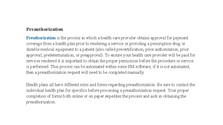 Understanding Preauthorization in Healthcare Processes - Studocu