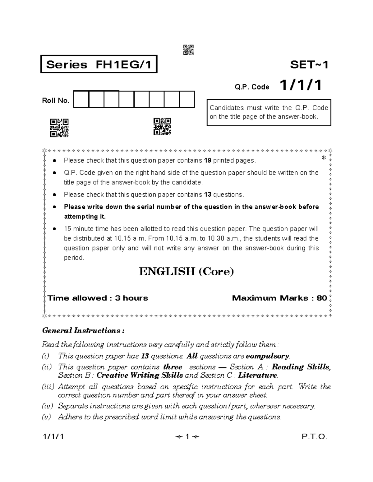 CBSE Class 12 English Core SET - 1 Question Paper 2023 with Answers ...