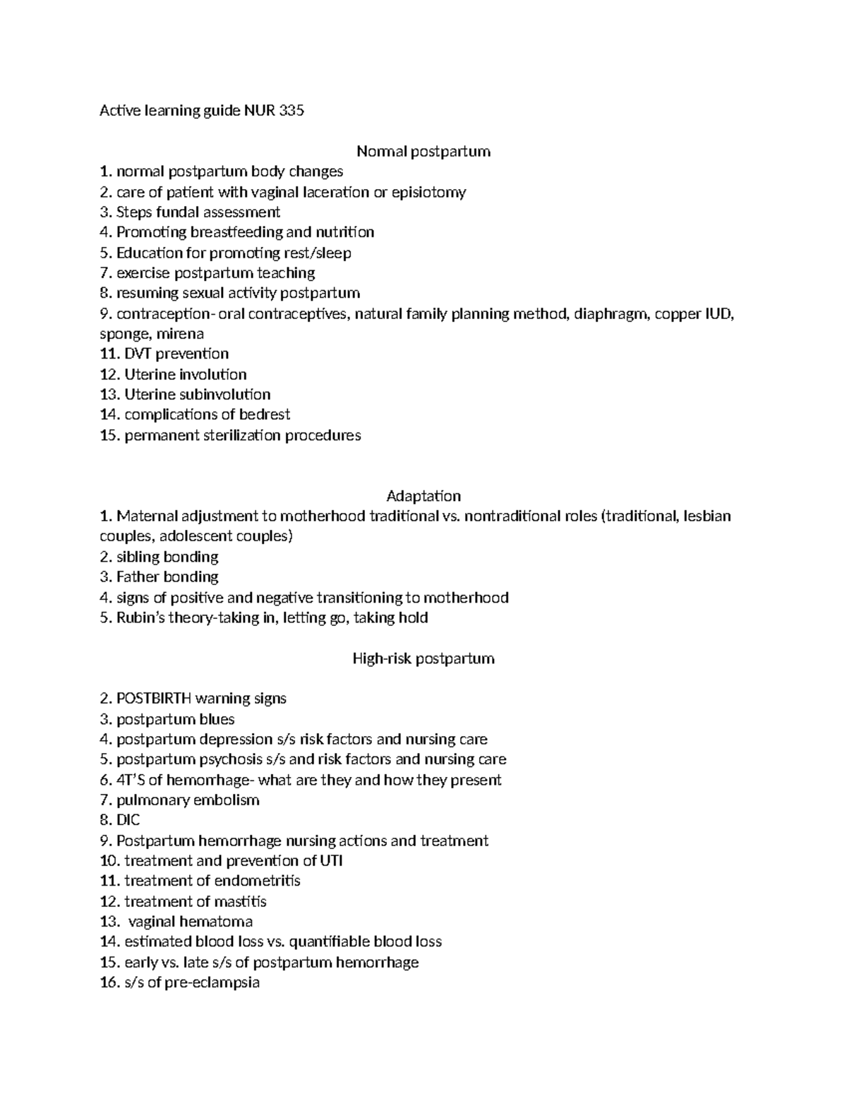 NUR 335 Active Learning Guide for Postpartum Care (Modules 5 & 6) - Studocu
