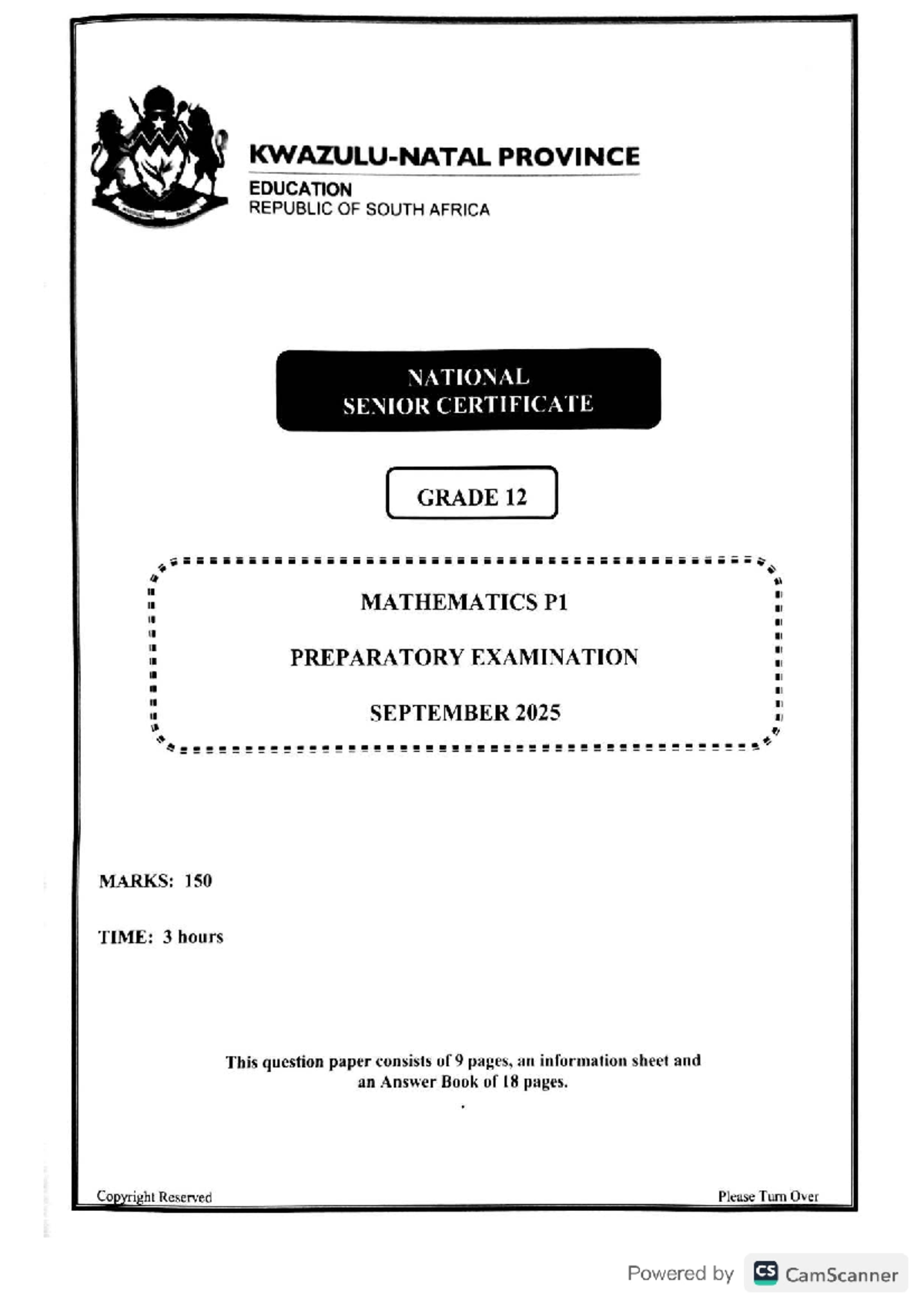 Mathematics P1 Preparatory Exam - September 2025 Question Paper - Studocu